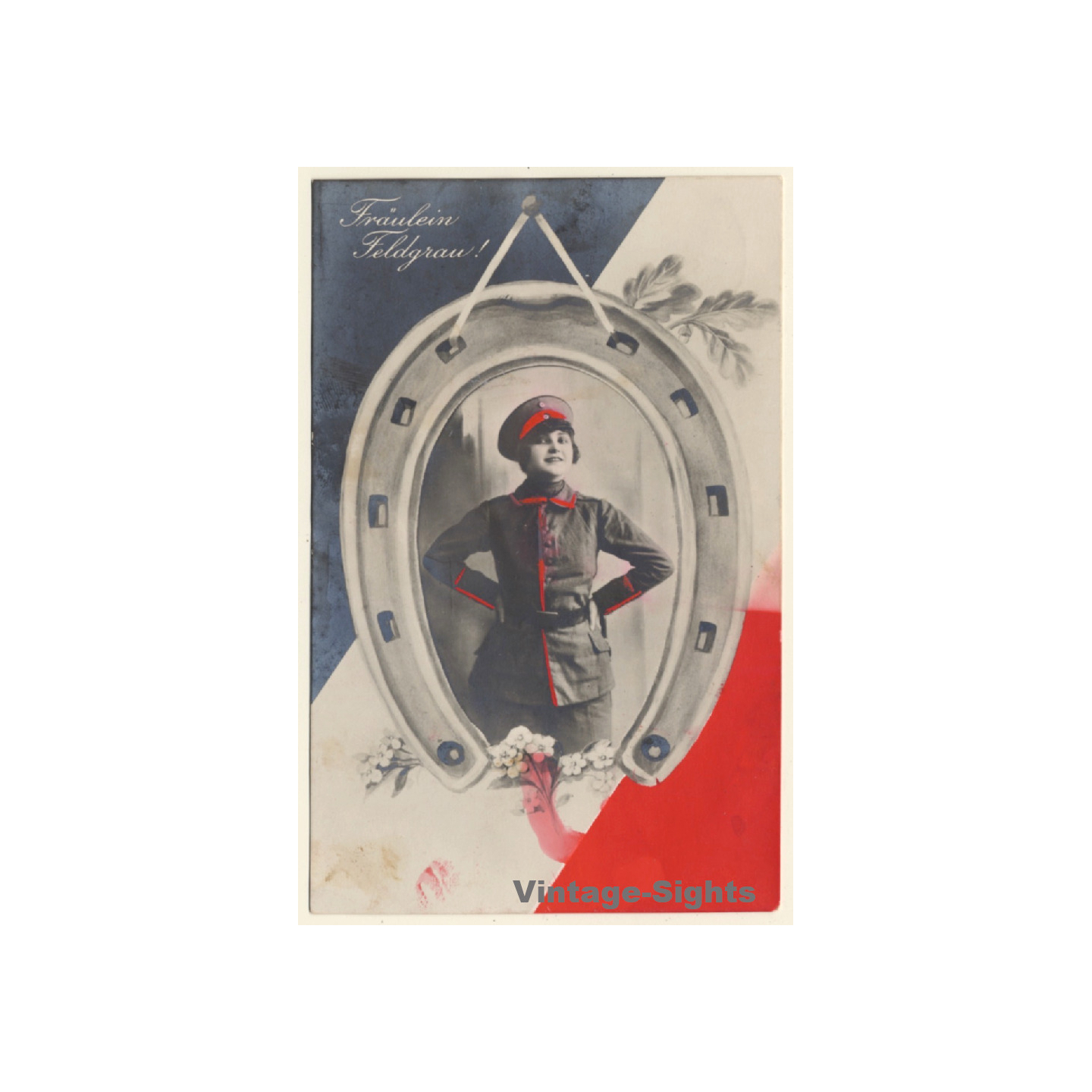 WW1: Fräulein Feldgrau / Horseshoe - Patriotism (Vintage RPPC 1917)