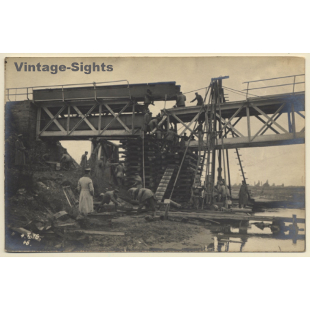 WW1: German Soldiers Repairing Bombed Railway Bridge (Vintage RPPC 1916)
