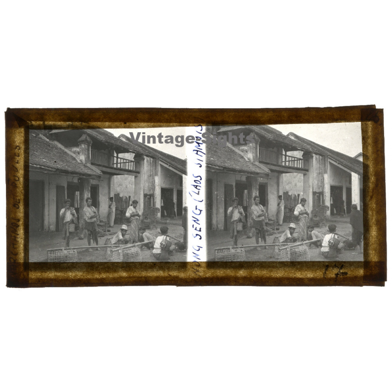 Nong Seng / Laos: Poor Native Street Dealers / Street View (Vintage Stereo Glass Plate ~1920s/1930s)