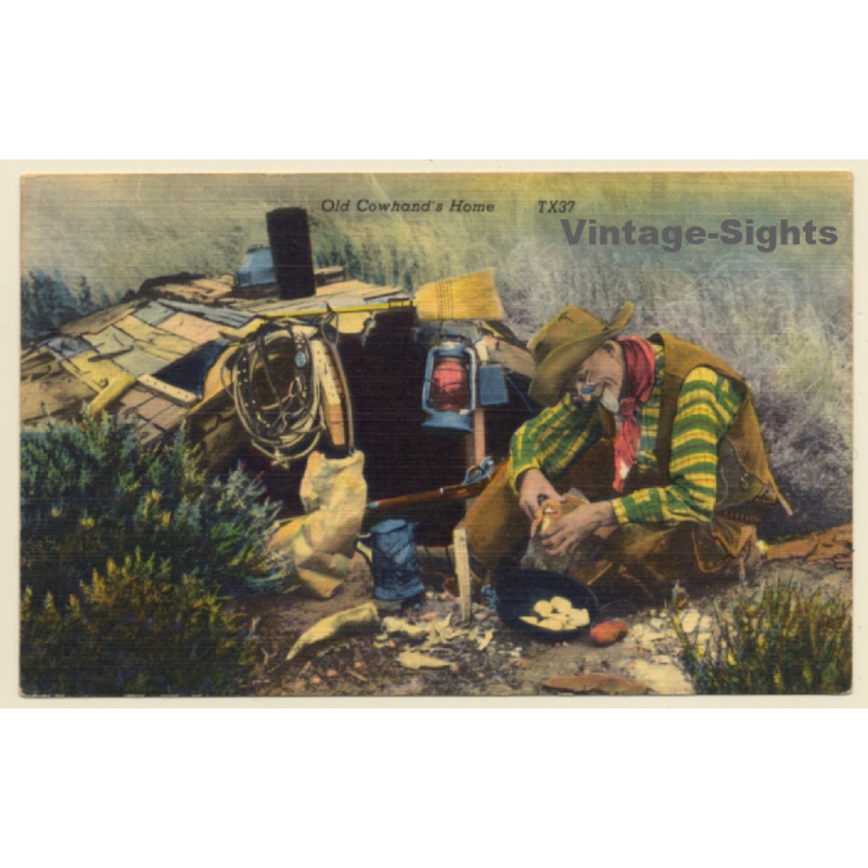 Wild West: Old Cowhand's Home / Cowboy (Vintage Linen PC ~1940s)